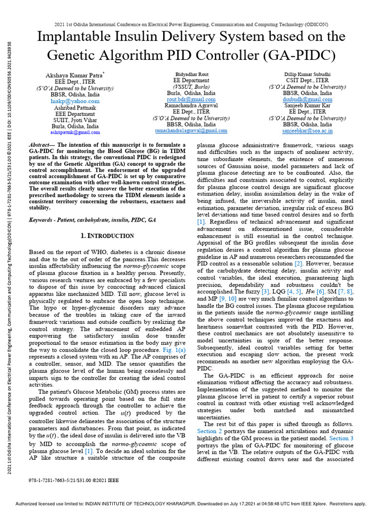 Implantable Insulin Delivery System Based On The Genetic Algorithm PID ...