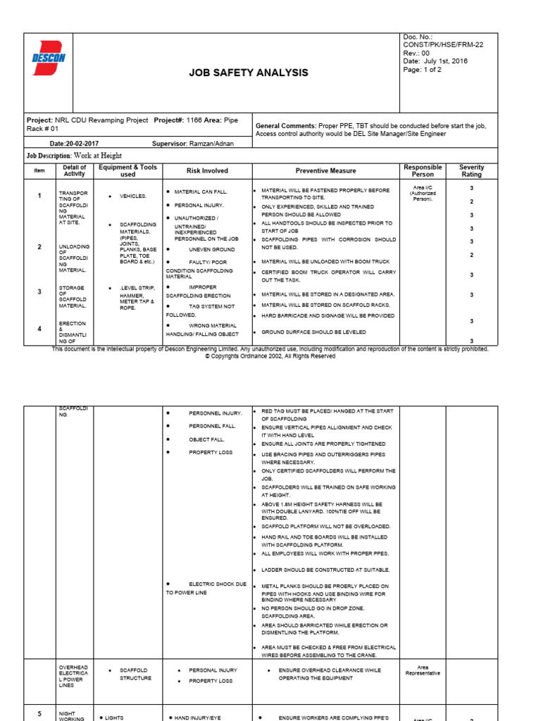 JSA For Working at Height NRL Pipe Rack 01 | PDF | Scaffolding