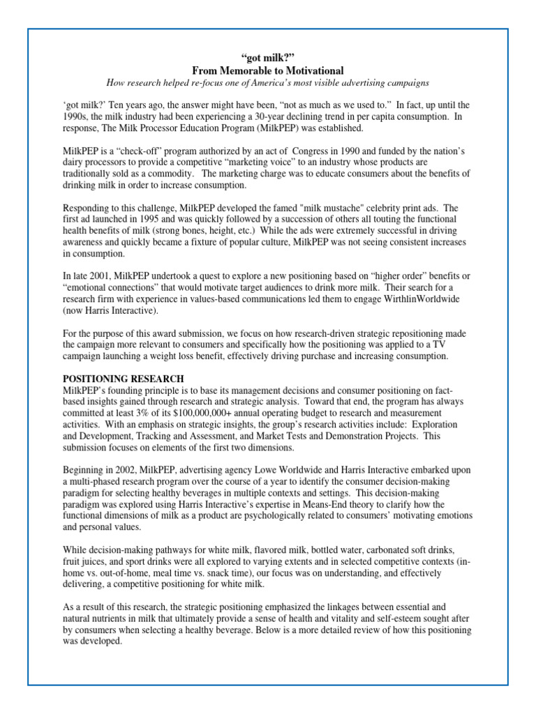 MilkPEP's Research-Driven Campaign Success | PDF | Advertising | Target ...