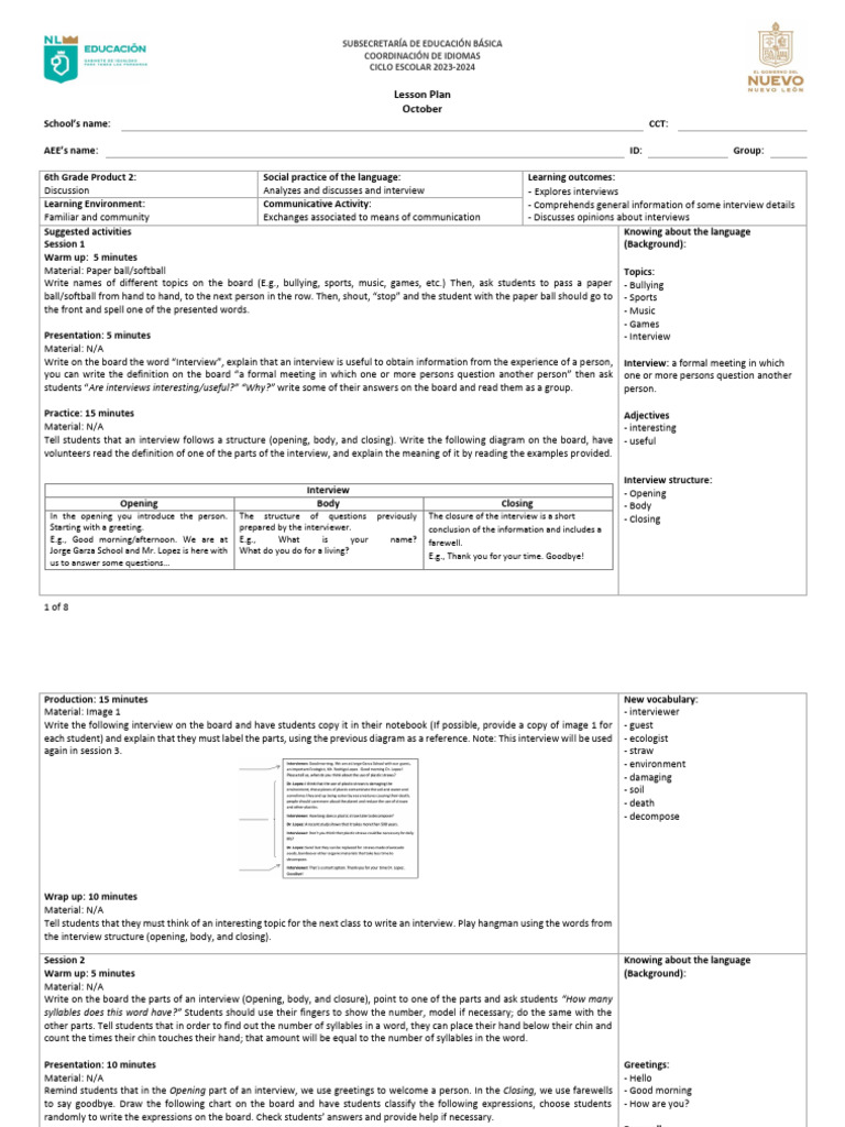 6th Grade Lesson Plan Product 2 - October | PDF | Linguistics