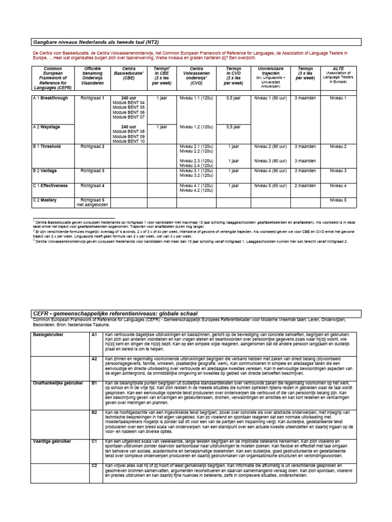 Gangbare Niveaus Nederlands Als Tweede Taal - Overzicht | PDF