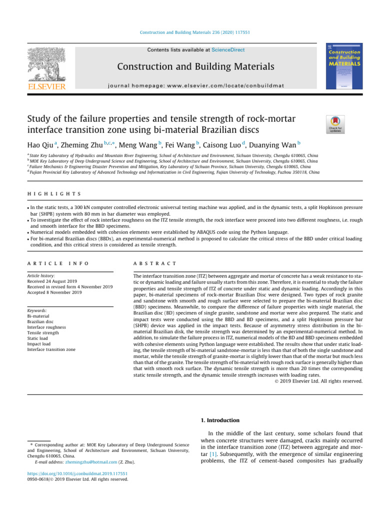 Study of The Failure Properties and Tensile Strength of Rock-Mortar ...