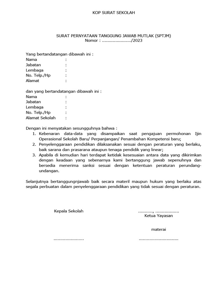 CONTOH FORMAT SPTJM IJOP (SMK SWASTA), New 2023 | PDF | Ilmu Sosial