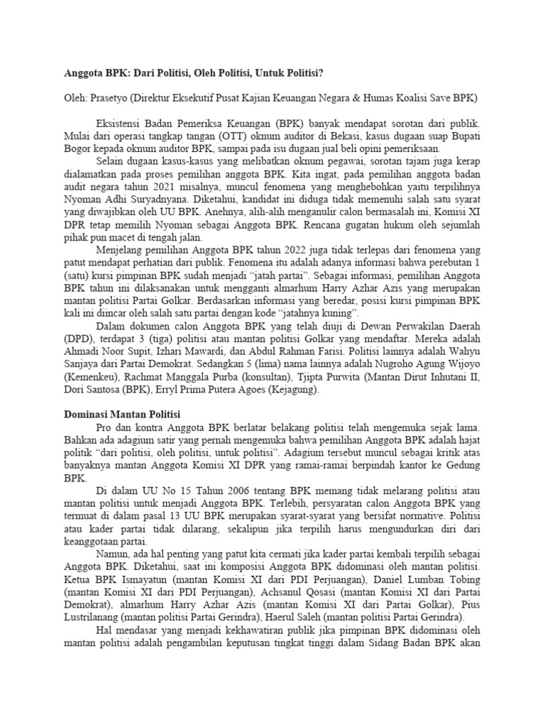 Dilema Pemilihan Anggota BPK | PDF | Politik