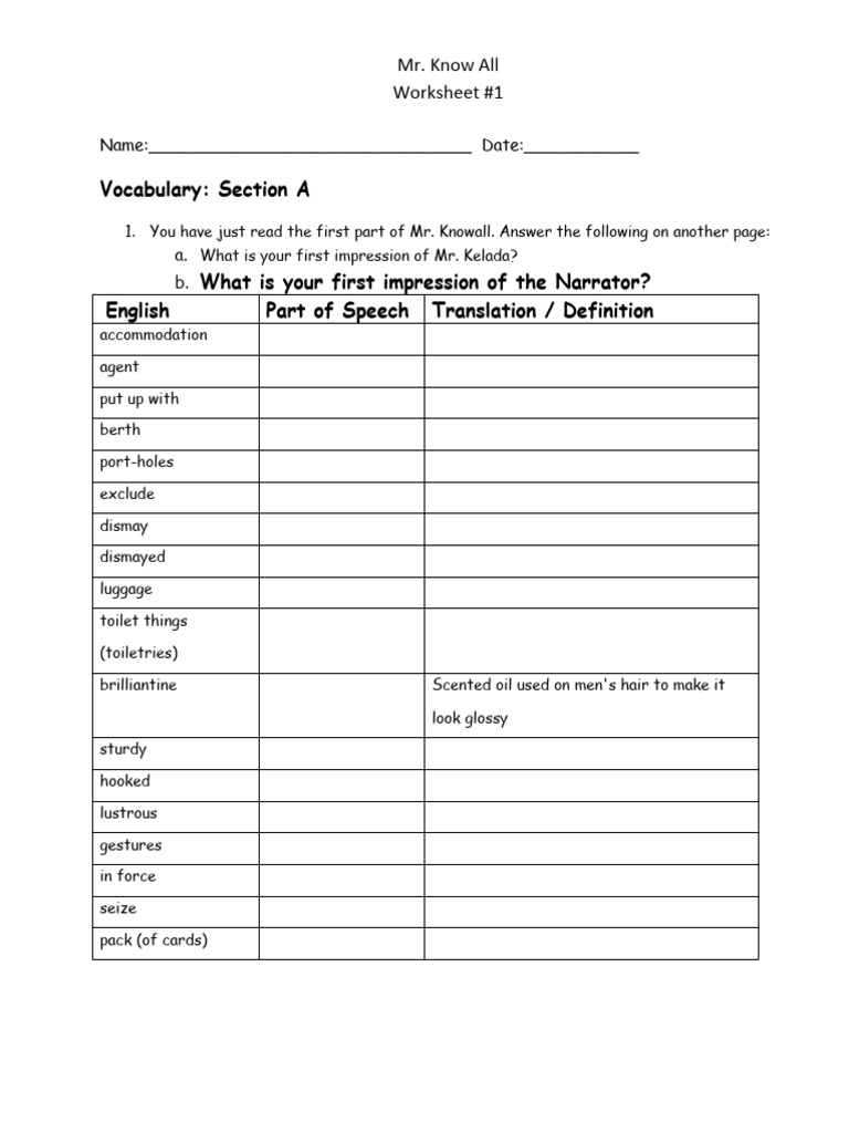 Worksheet 1 Vocab Section A 1 3 | PDF