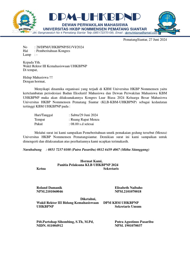 Surat DPM UHKBPNP | PDF