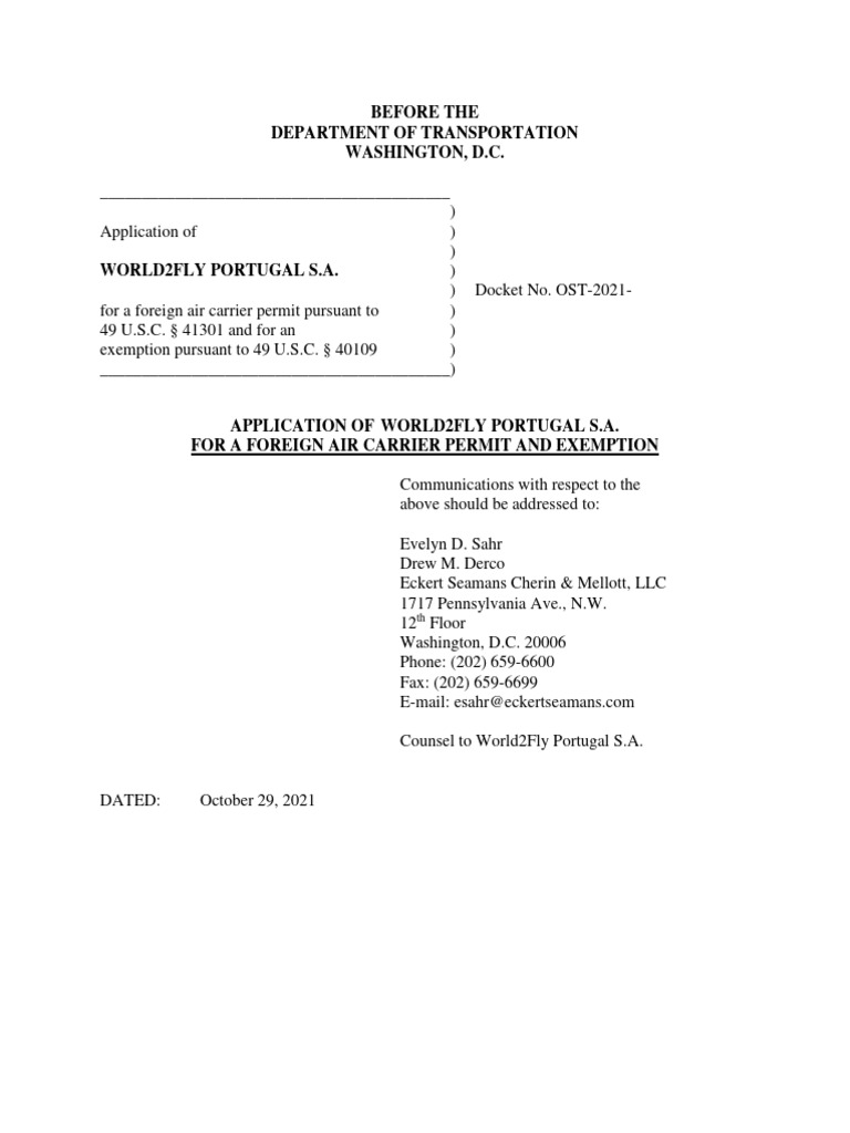World2Fly Portugal Air Carrier Permit Application | PDF | Liability ...