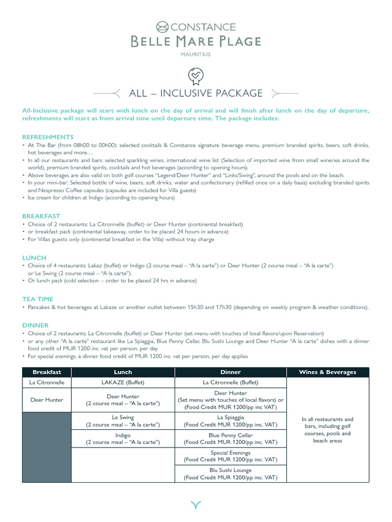 Constance Belle Mare Plage All Inclusive Package | PDF | Meal | Restaurants