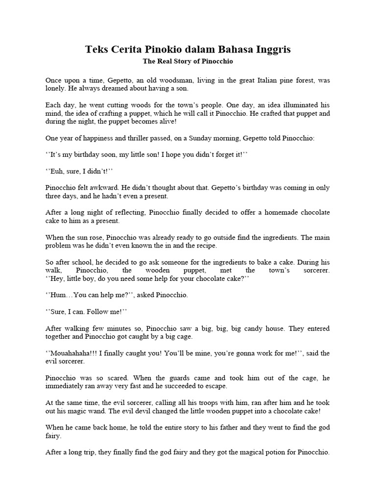Teks Cerita Pinokio Dalam Bahasa Inggris | PDF