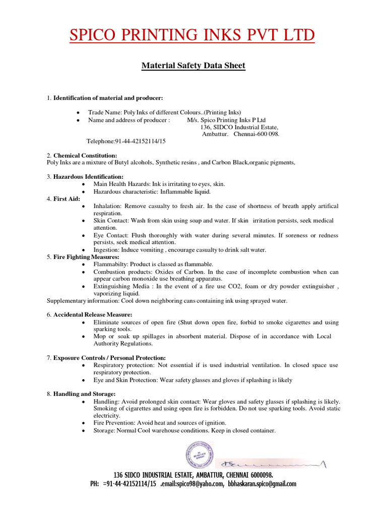 Spico Printing Inks MSDS Overview | PDF | Water | Ink