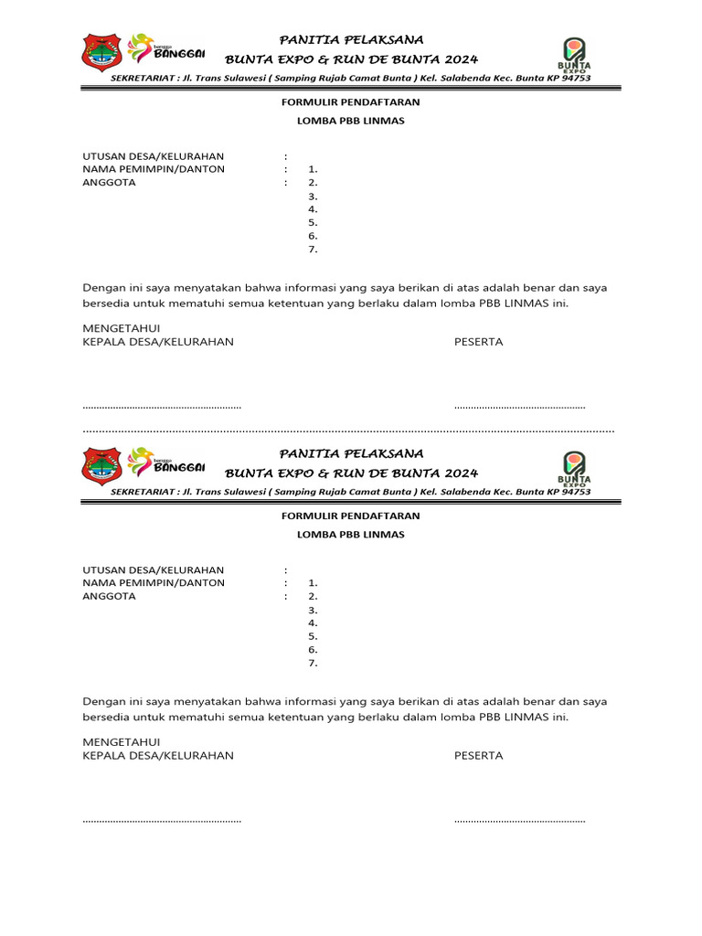 Formulir Lomba PBB LINMAS Bunta 2024 | PDF