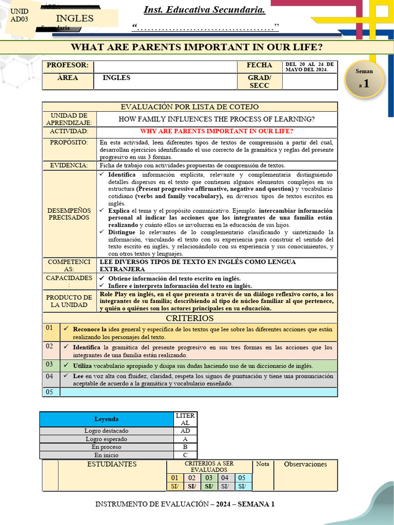 Lista de Cotejo 3° - Unidad 3 - Semana 2 | PDF | Cognición | Lingüística