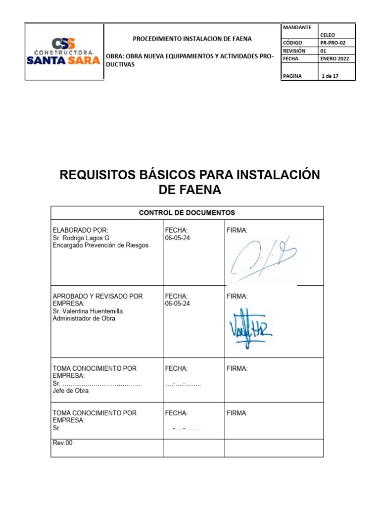 Pr-Pro - Procedimiento Instalacion de Faena | PDF | Agua | Higiene