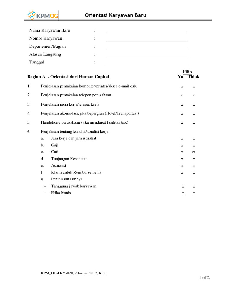 FRM-020 (Orientasi Karyawan Baru) Rev.1 | PDF