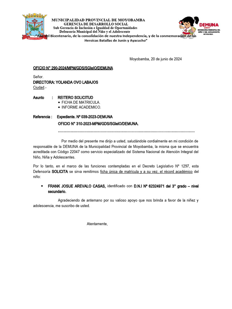 Oficio Solicitando Envien Informacion Academica Exp.39 | PDF | Política
