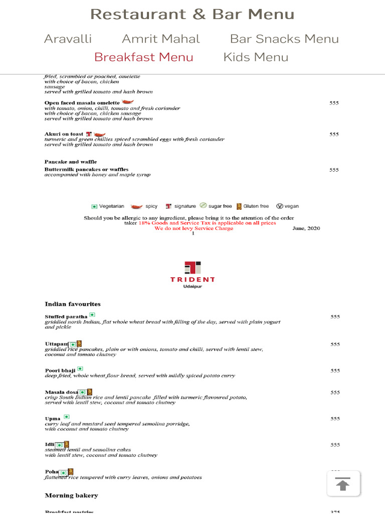 Restaurant & Bar Menu Trident Udaipur | PDF