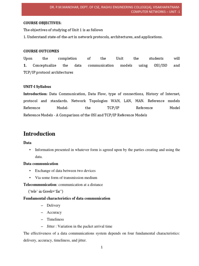 CN Unit - 1 Notes - CSO | PDF | Osi Model | Internet Protocol Suite