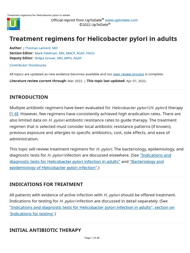 Treatment Regimens For Helicobacter Pylori in Adults | PDF ...