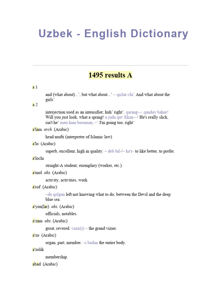 Uzbek - English Dictionary A-N | PDF