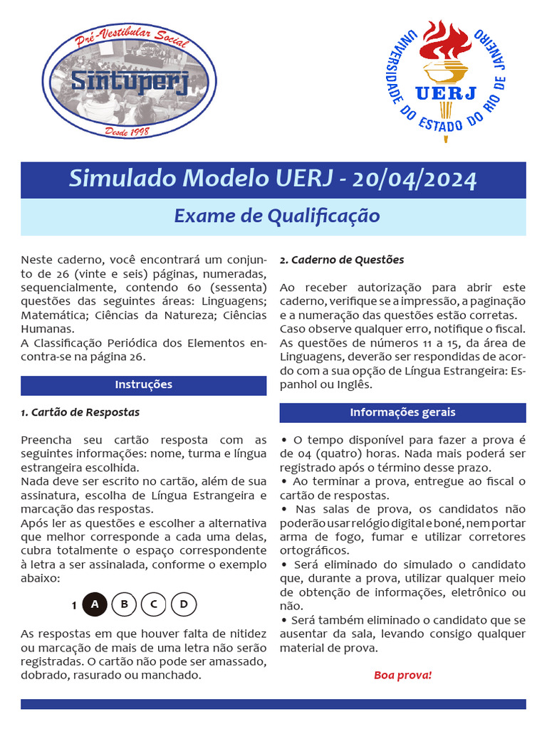 20.04.2024 - Simulado Modelo Uerj (Caderno de Questões) - Finalizado para Impressão | PDF ...