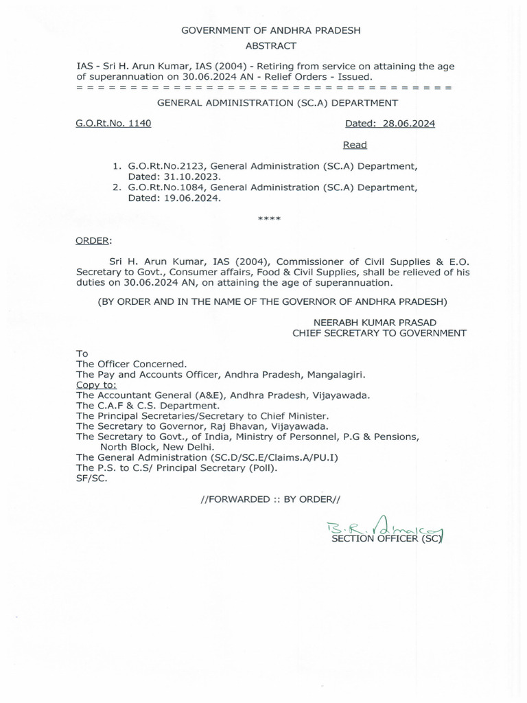G o RT No 1140 Dated 28-06-2024 Sri H Arun Kumar Ias Relief Orders | PDF
