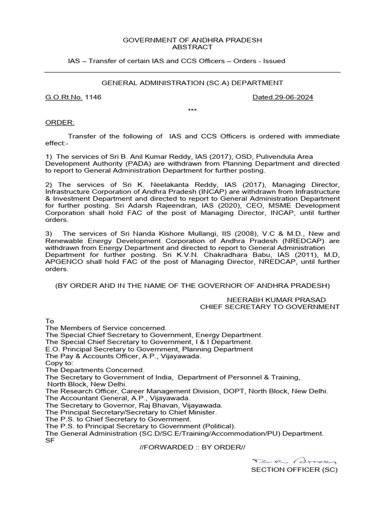 G o RT No 1146 DT 29 06 2024 | PDF | Government Of India | Politics Of India