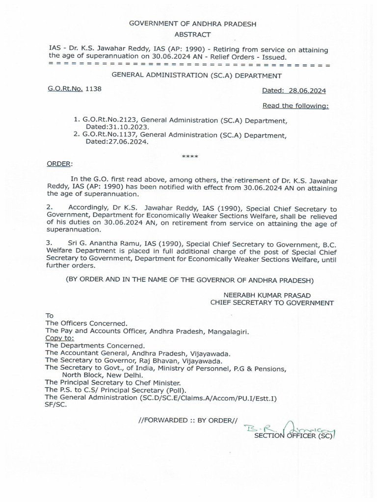 Go RT No 1138 Dated 28-06-2024 DR K S Jawahar Reddy Ias Relief Orders 1 1 | PDF