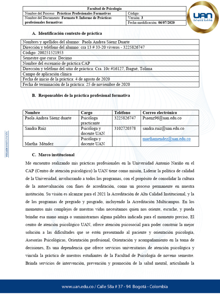 Formato 9. Informe de Prácticas Profesionales Formativas | PDF | Sicología | Análisis FODA