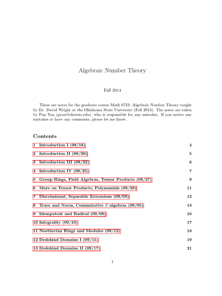 Algebraic Number Theory | PDF | Ring (Mathematics) | Field (Mathematics)