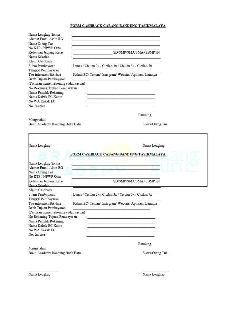 Form Cashback Dan Referal Cabang Tasik | PDF