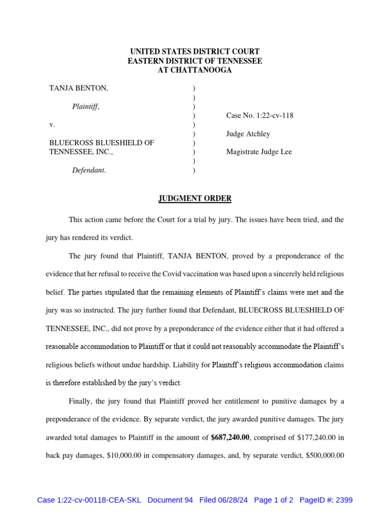 TANJA BENTON, Plaintiff, v. BLUECROSS BLUESHIELD OF TENNESSEE | PDF ...