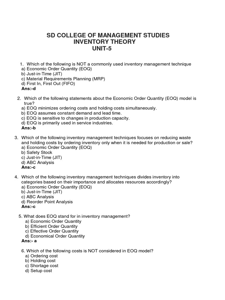 Inventory Problem MCQ Ques Unit-5 | PDF | Inventory | Economies