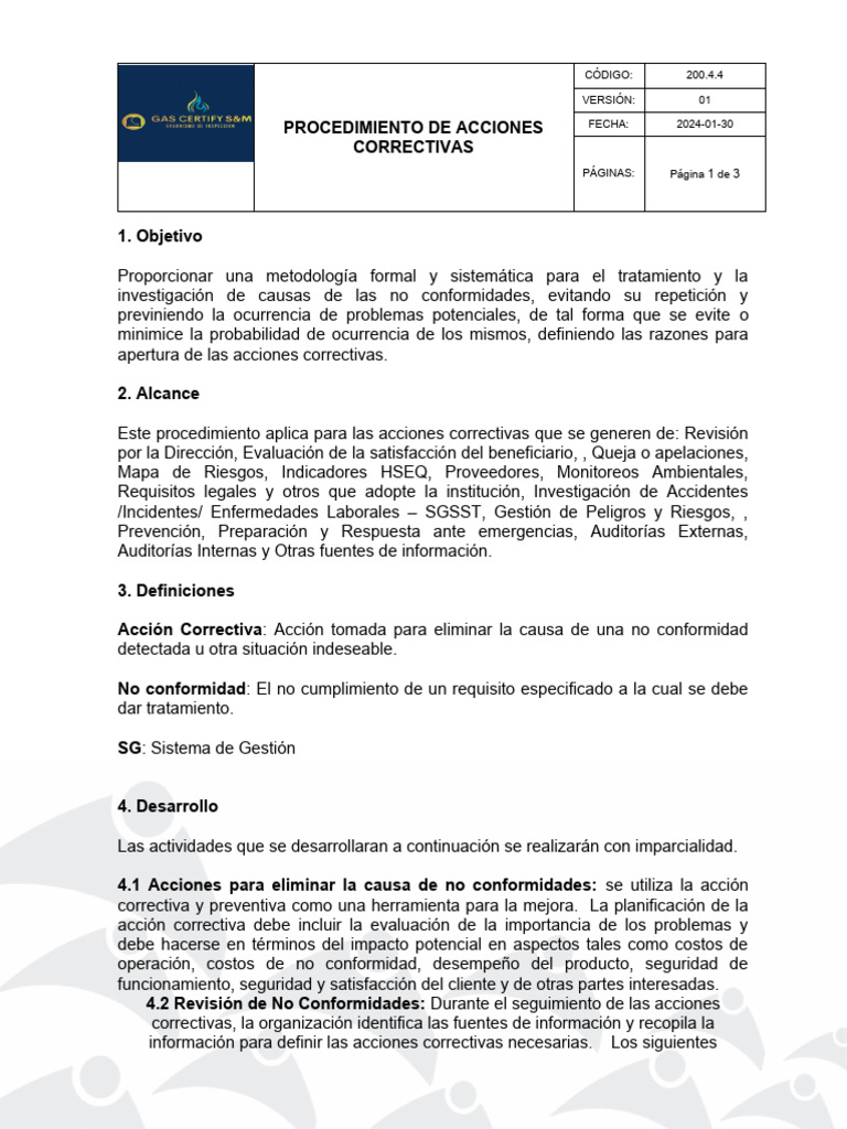 200.4.4 Procedimiento de Accion Correctiva | PDF | Gestión de la calidad | Sistema de manejo de ...
