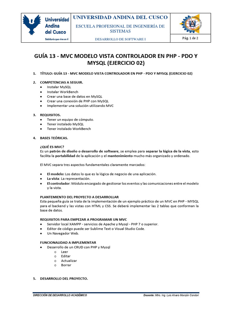 Guía 13 - MVC Modelo Vista Controlador en PHP - Pdo y Mysql (Ejercicio ...