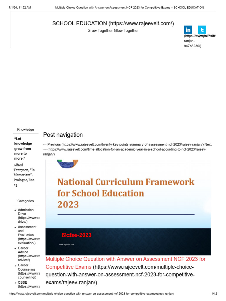 MCQs on NCF 2023 Assessment | PDF | Educational Assessment ...