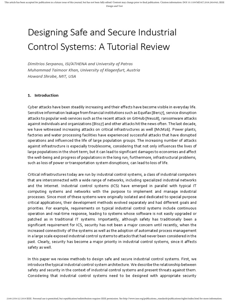 Designing Safe and Secure Industrial Control Systems: A Tutorial Review | PDF | Computer Network ...