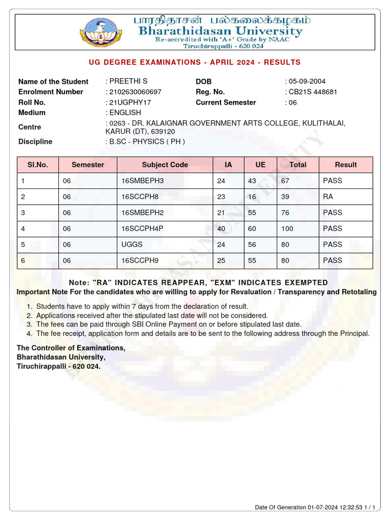 PREETHI S (CB21S 448681) - Semester - Result | PDF
