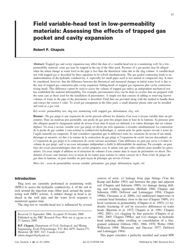 Field Variable Head Test in Low Permeability Materials | PDF | Gases ...