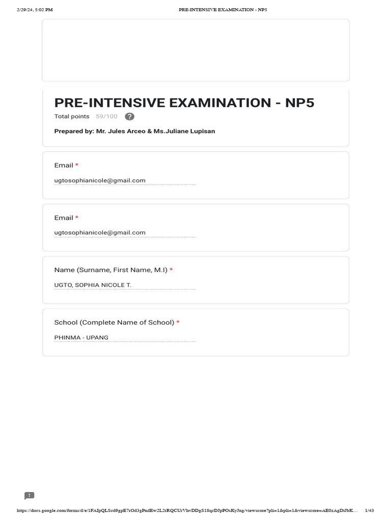 Pre-Intensive Examination - Np5 (Answers) - 1 | PDF | Mental Disorder | Visual Acuity