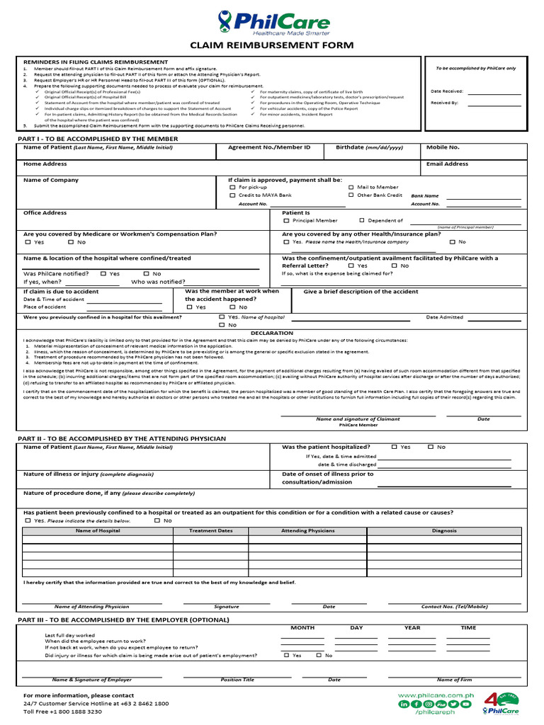 Claim Reimbursement Form PhilCare | PDF | Patient | Hospital