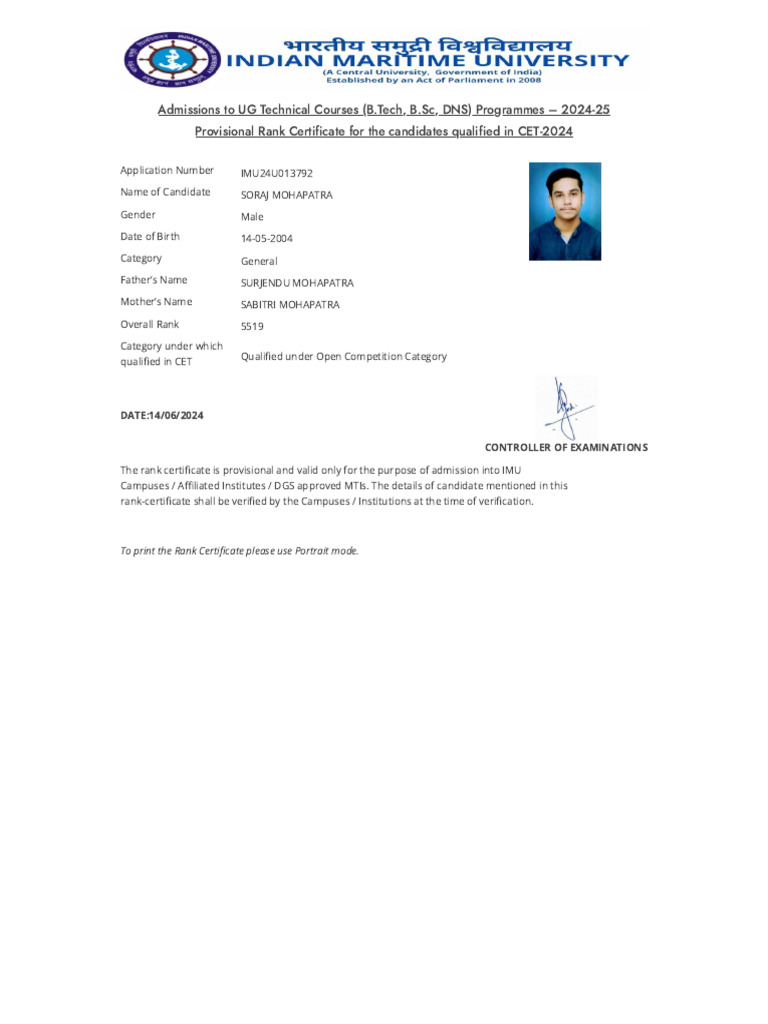 Imu Cet 2024 - Rank Card | PDF