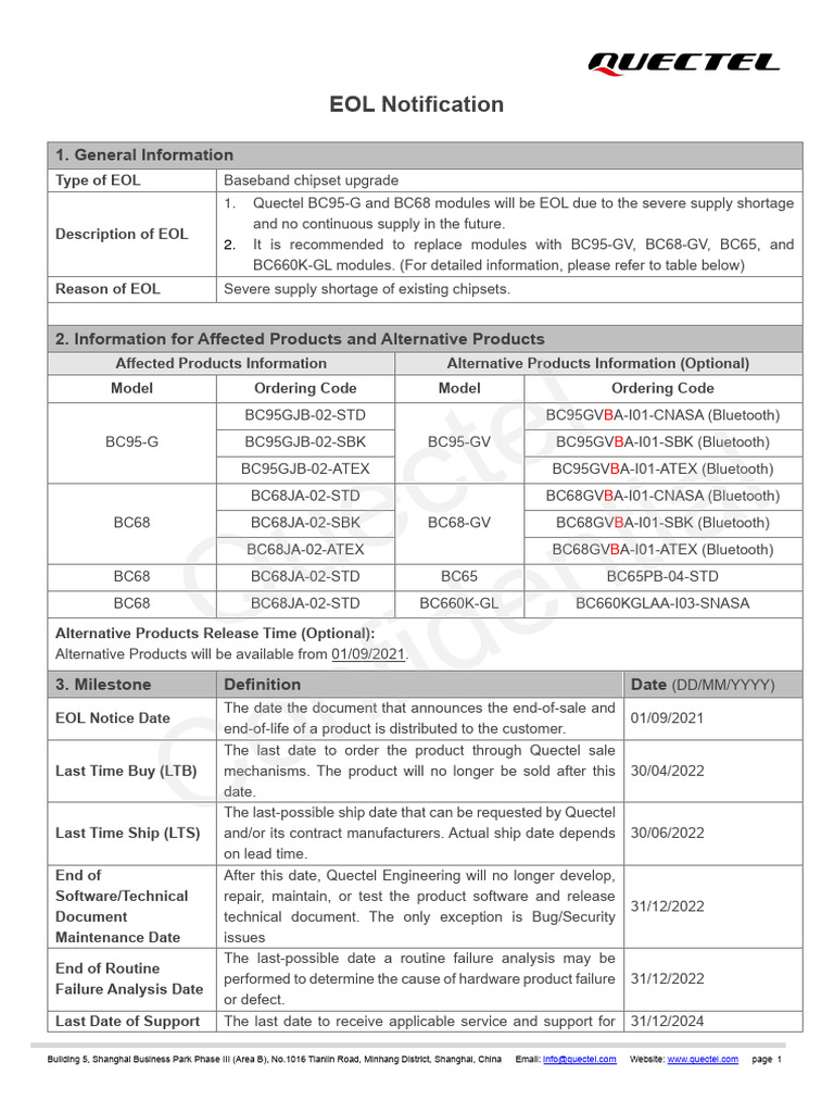 Quectel EOL 2021090101 BC68&BC95-G Module EOL Notification | PDF | Computing | Systems Engineering