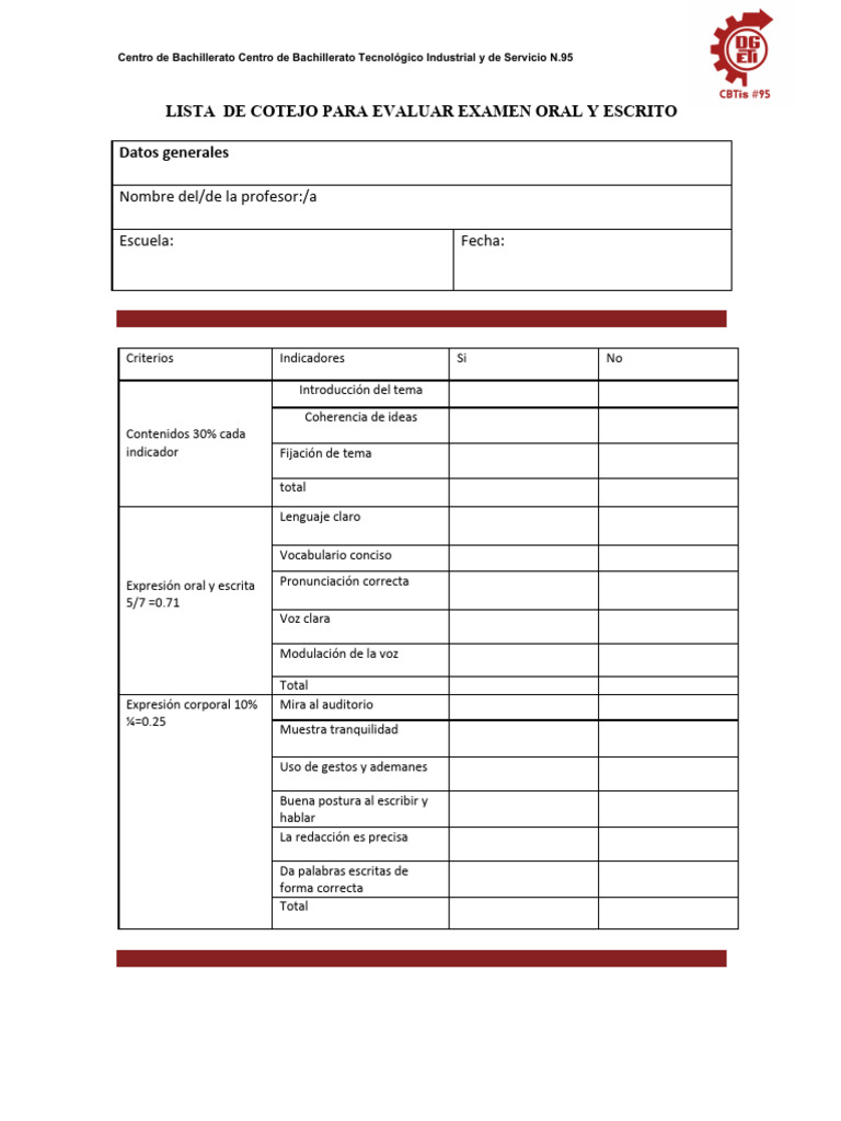 Instrumento de Evaluacion Lista de Cotejo para Evaluar Examen Oral y Escrito | PDF