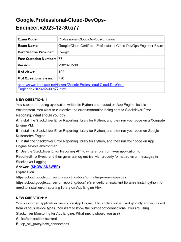 Google - Professional Cloud DevOps Engineer.v2023 12 30.q77 | PDF ...