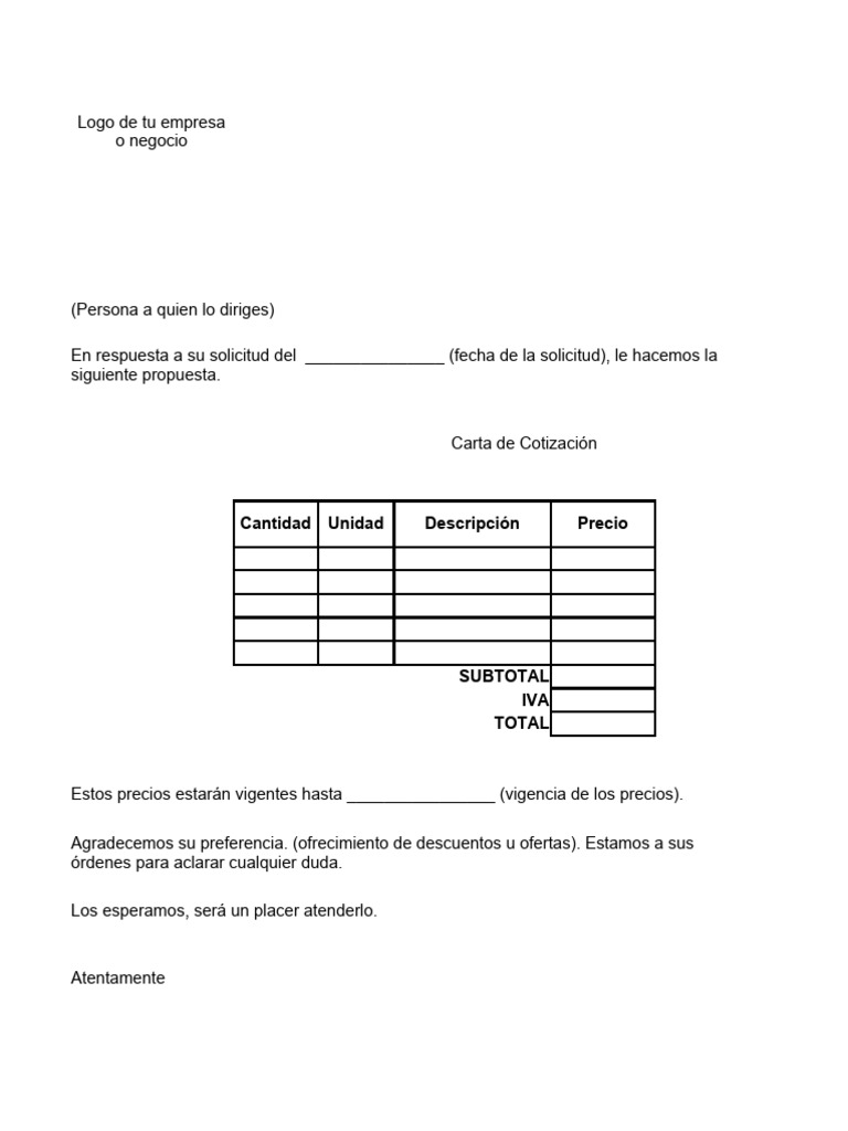 Carta de Cotización PLANTILLA | PDF