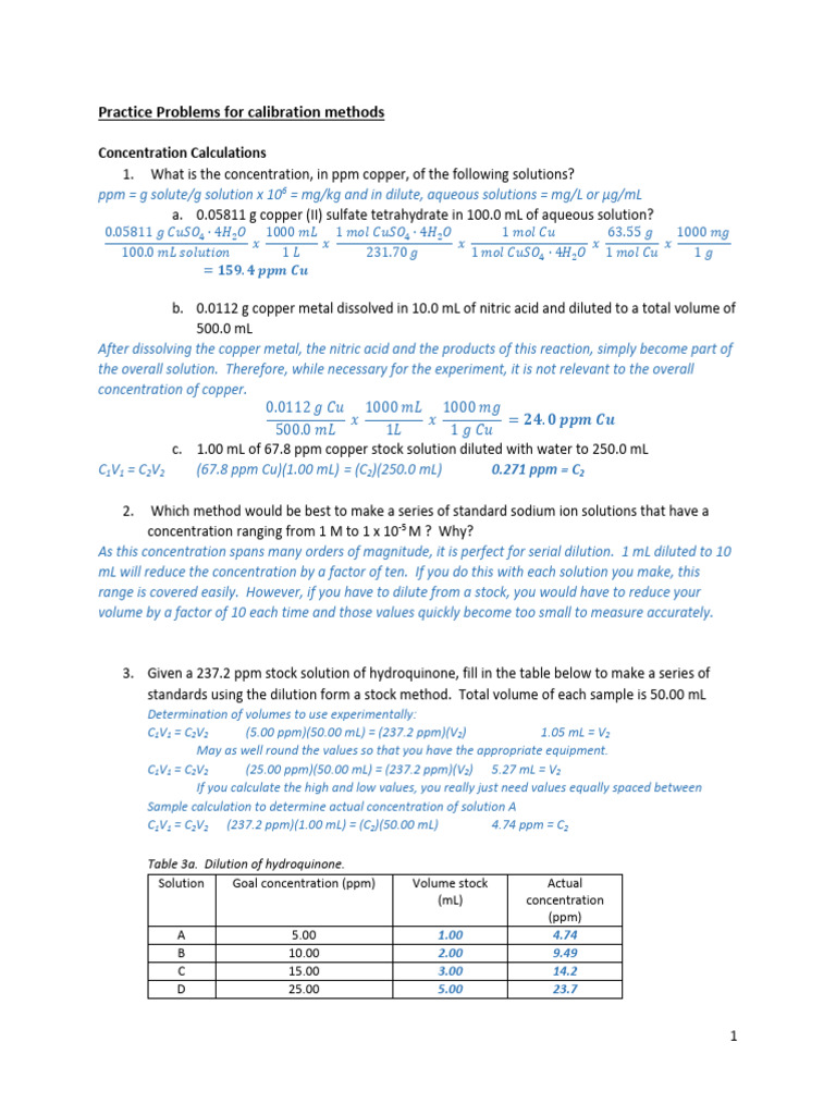 Practice Solutions For Calibration Methods | PDF | Parts Per Notation | Chemical Substances