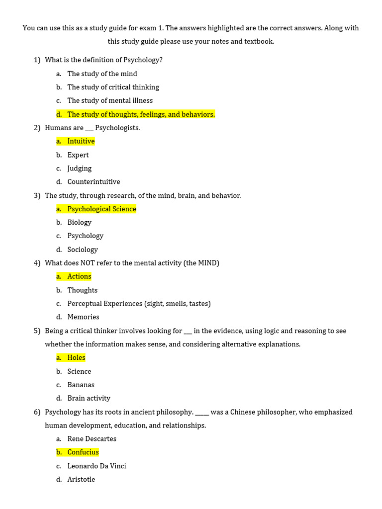 Booklet Questions and Answers (Chapter 1) | PDF | Mind | Psychology