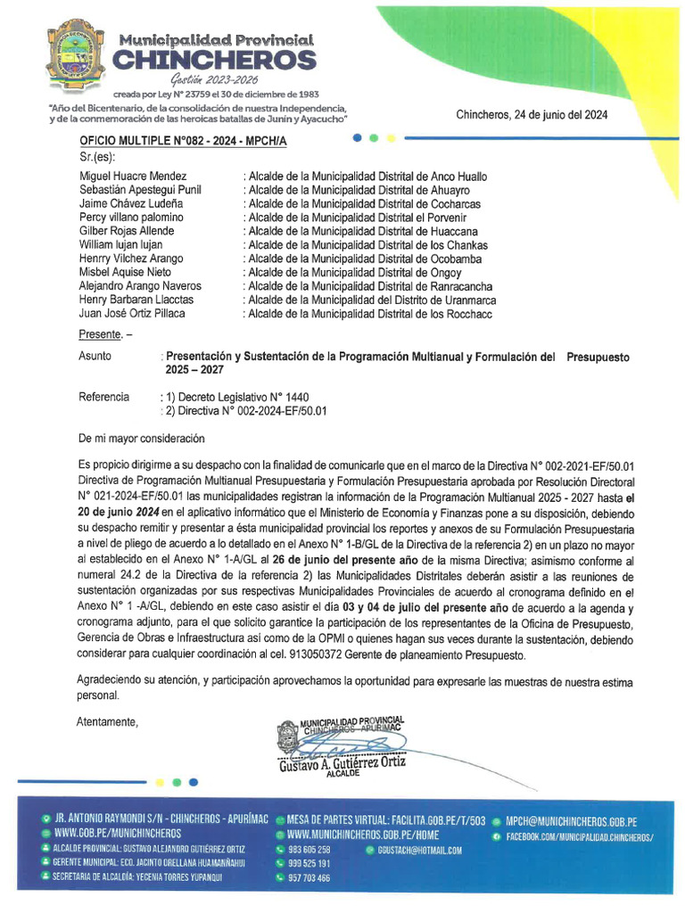 Oficio Multiple #082-2024-Mpch-A | PDF Oficio Multiple #082-2024-Mpch-A | PDF