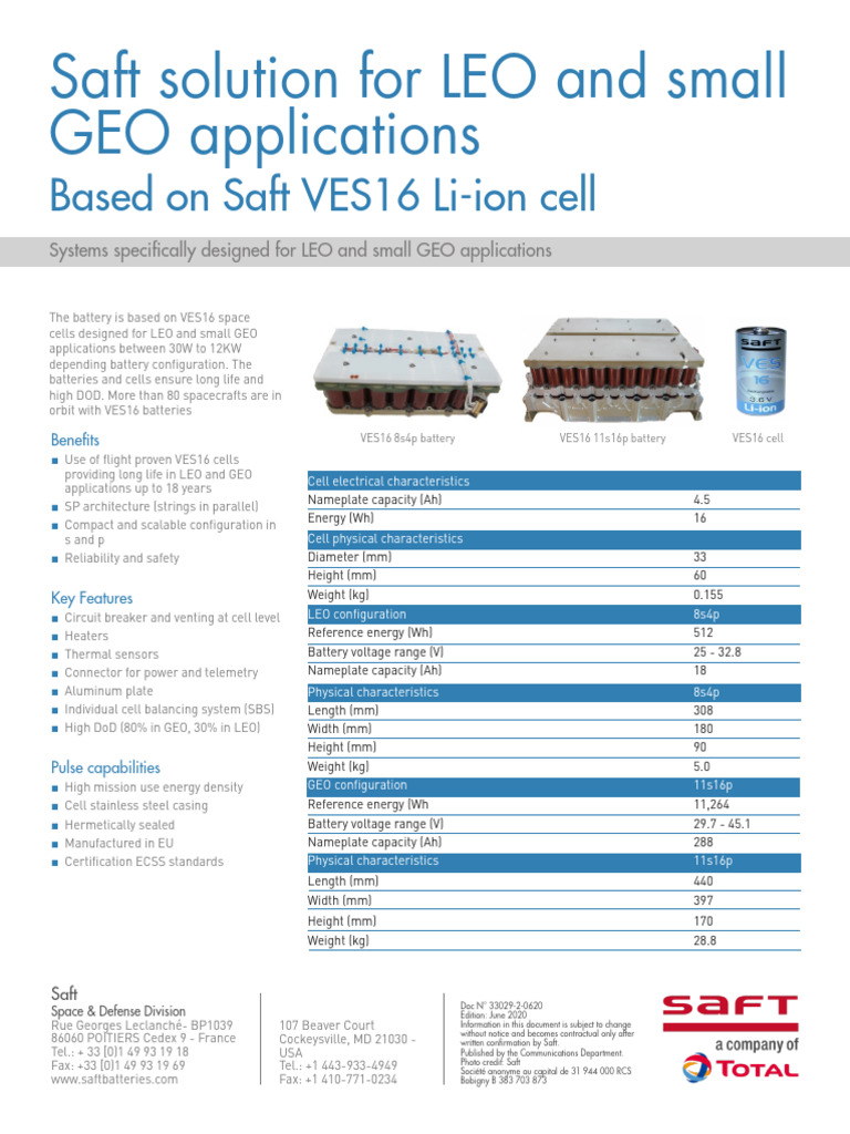 Satsearch Datasheet 4ack2k Saft Ves16-8s4p-Battery | PDF | Electrical Engineering | Electricity