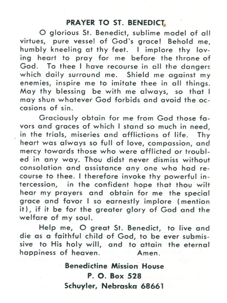 Prayer To ST - Benedict | PDF